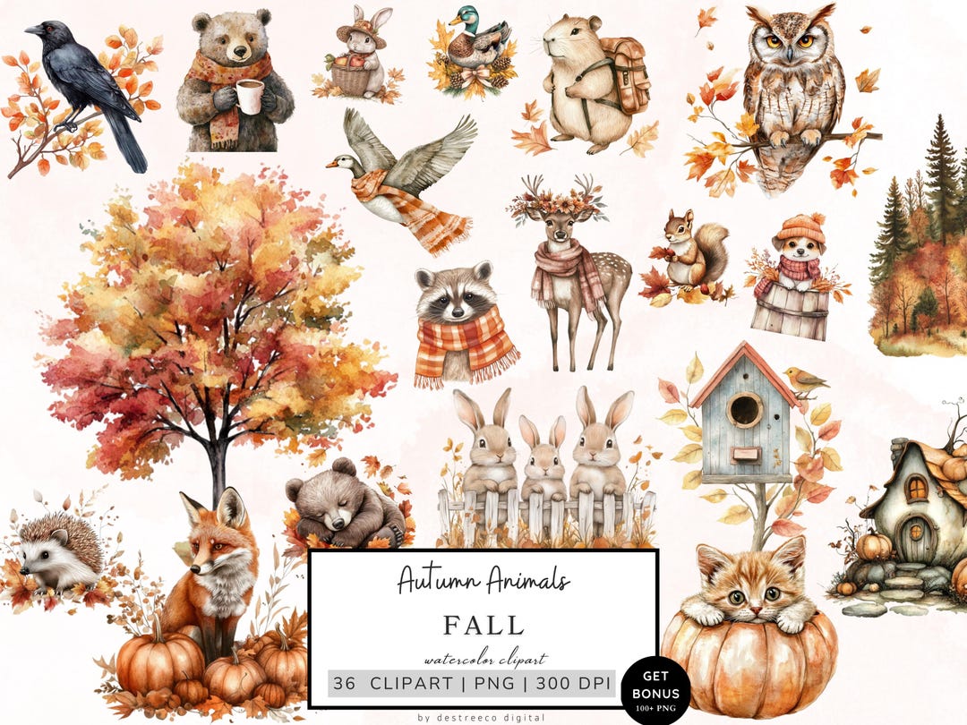 Autumn Animal Clipart, Fall Clipart, Cozy Fall Graphics, Cute Animals ...