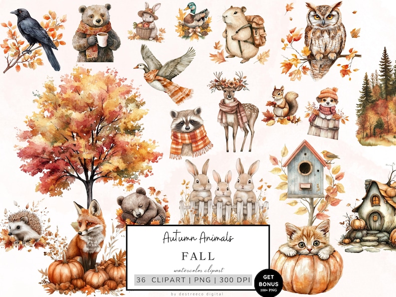 Autumn Animal Clipart, Fall Clipart, Cozy Fall Graphics, Cute Animals ...