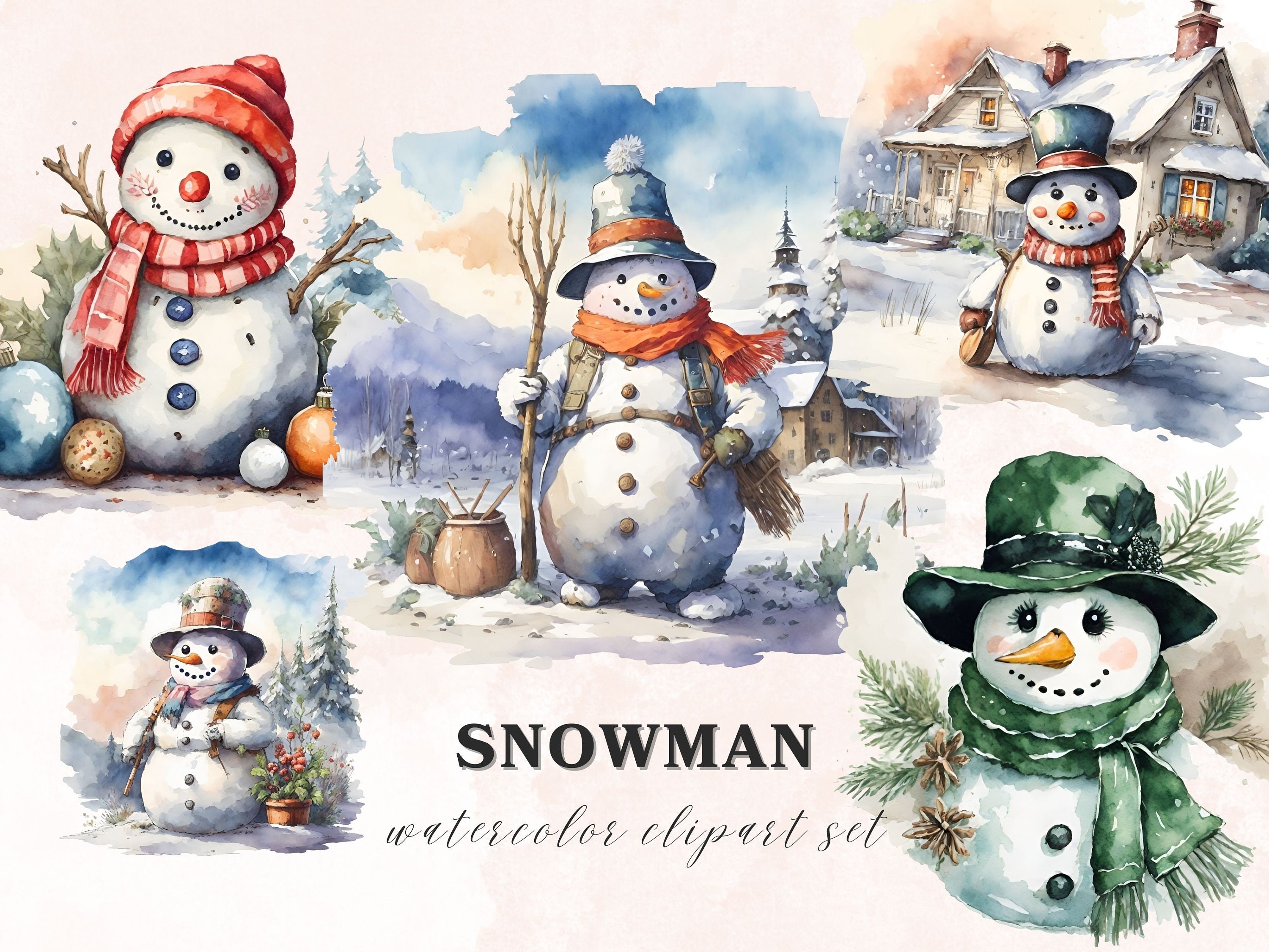 Watercolor Clipart Snowman PNG, 16 Png Winter Holidays, Printable ...