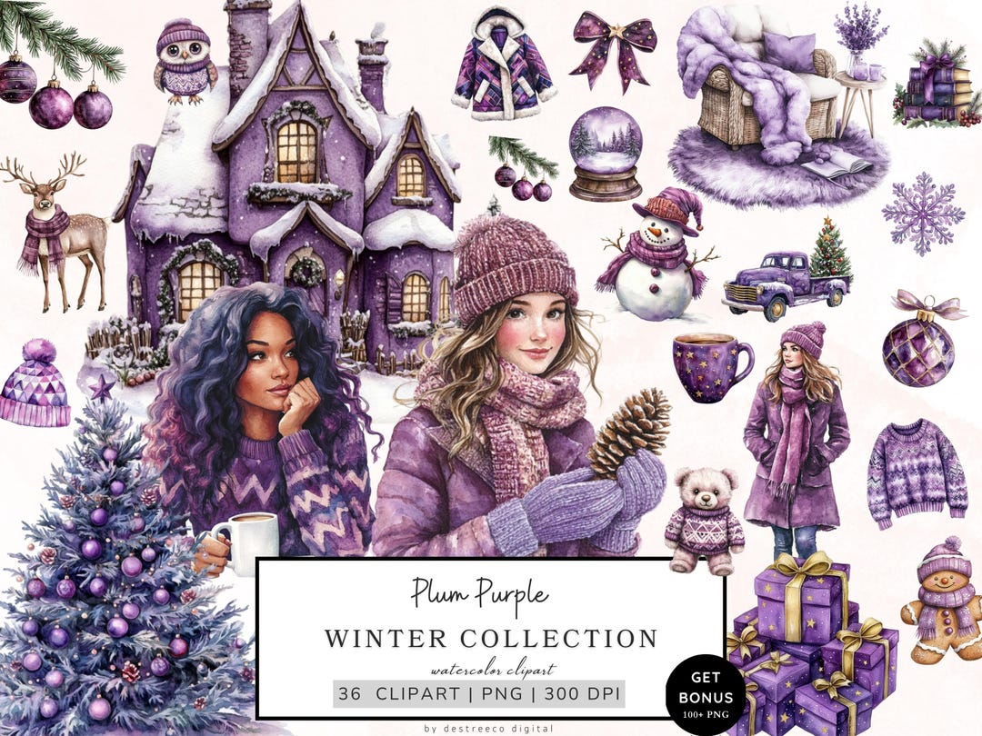 Winter Clipart Bundle, Cozy Christmas Clipart, Winter Clipart, Purple ...