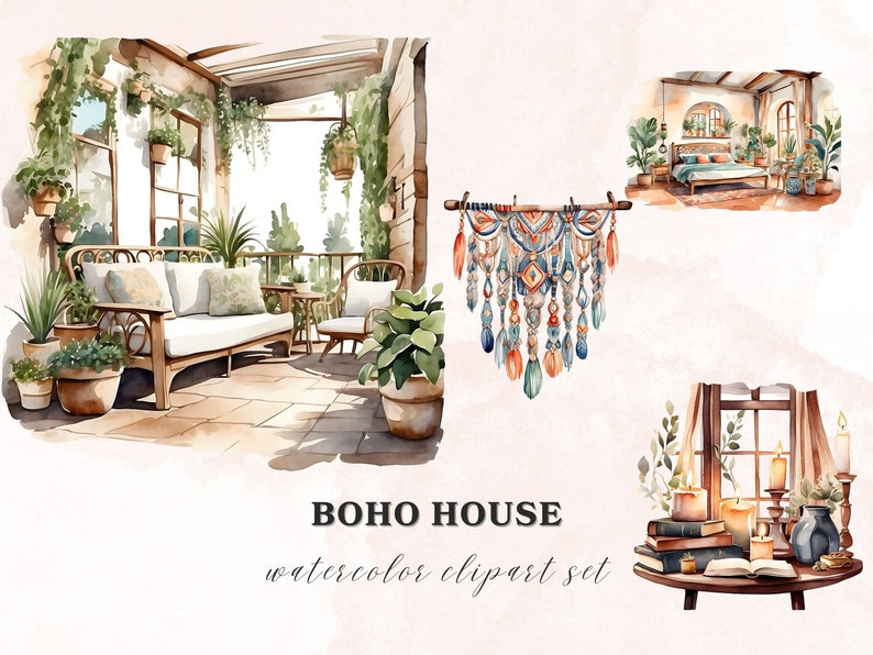 Watercolor Boho House Clipart, Rustic Cozy Boho Decor Clipart Bundle ...