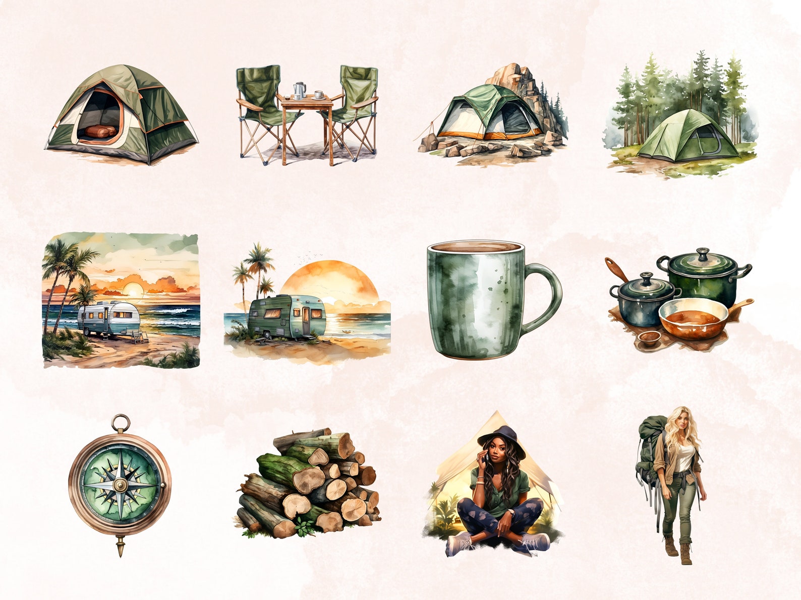 Watercolor Summer Clipart, Camping Clipart, Camp Tent Png, Campfire ...