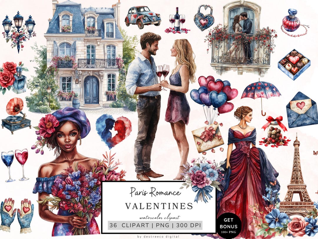 Valentines Clipart Bundle, Paris Romance Clipart, Watercolor Couple ...