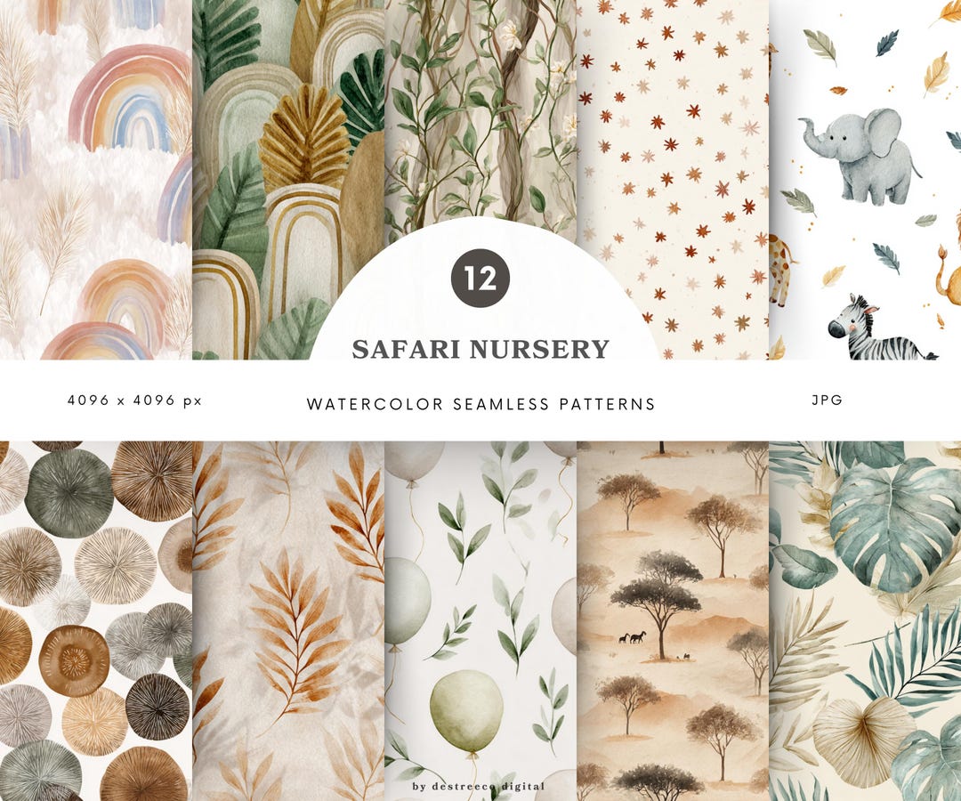 Watercolor Safari Nursery Seamless Patterns, Jungle Digital Paper ...