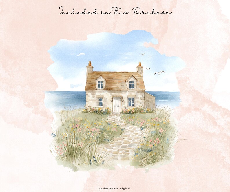 Seaside Cottage Clipart Bundle, Watercolor Beach House Graphics ...