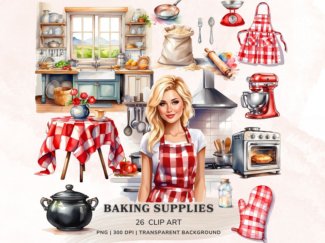 Watercolor Baking Supplies Clipart Bundle, Baker Girl Cooking Png ...
