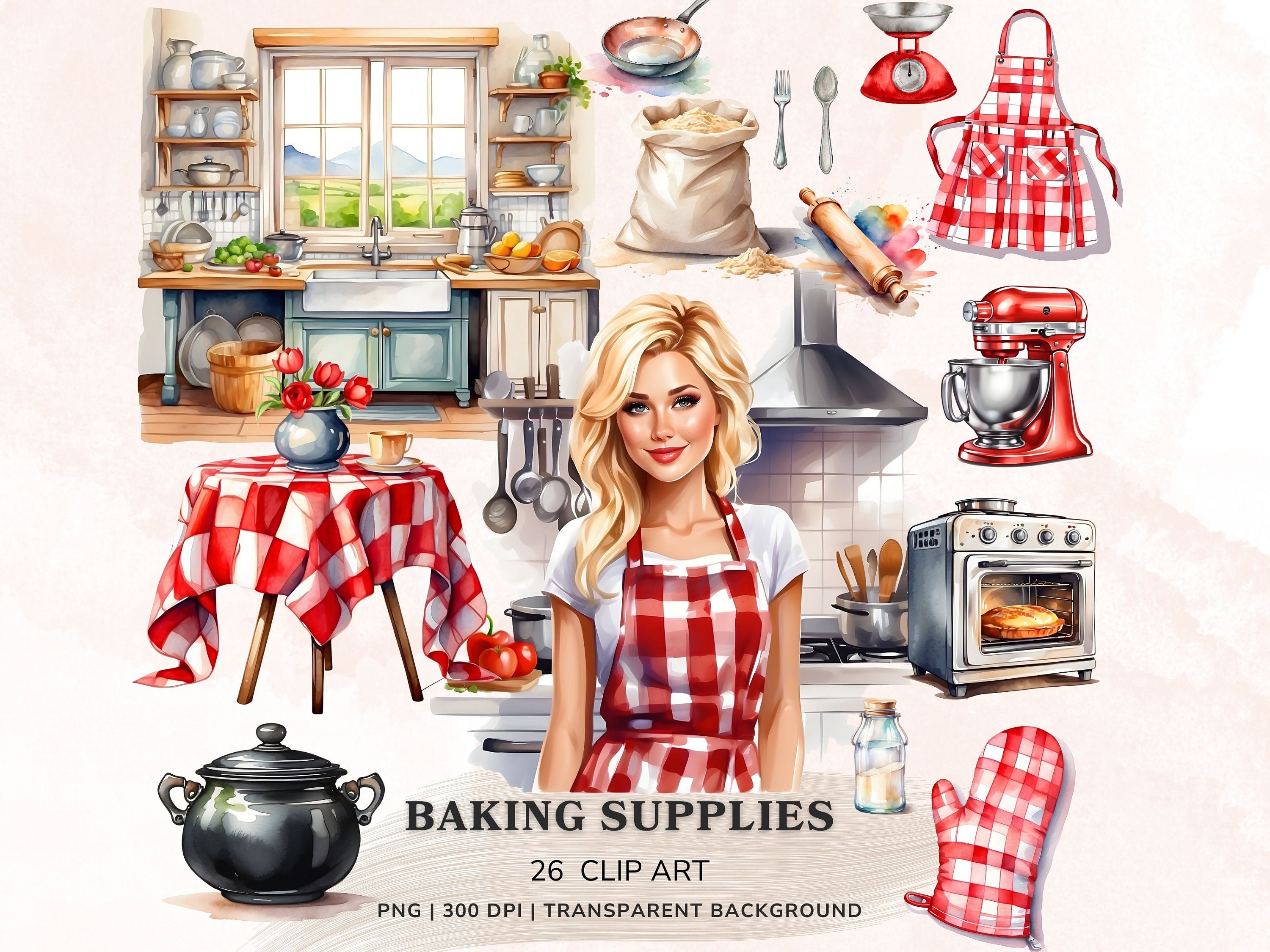 Watercolor Baking Supplies Clipart Bundle, Baker Girl Cooking Png ...