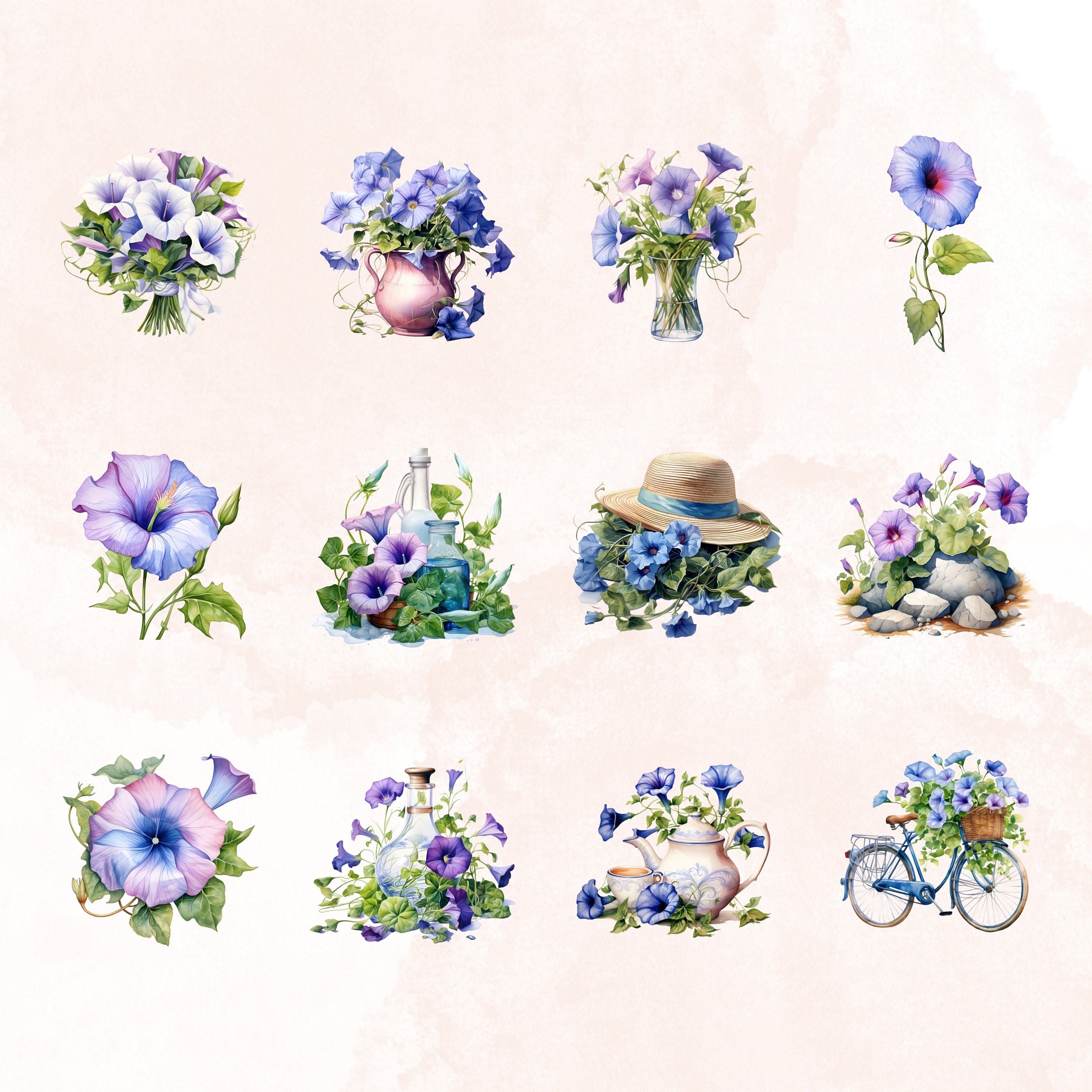 Morning Glories and Butterflies Clipart, Wildflower Clipart, Flowers ...