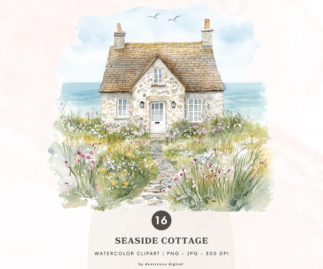Seaside Cottage Clipart Bundle, Watercolor Beach House Graphics ...