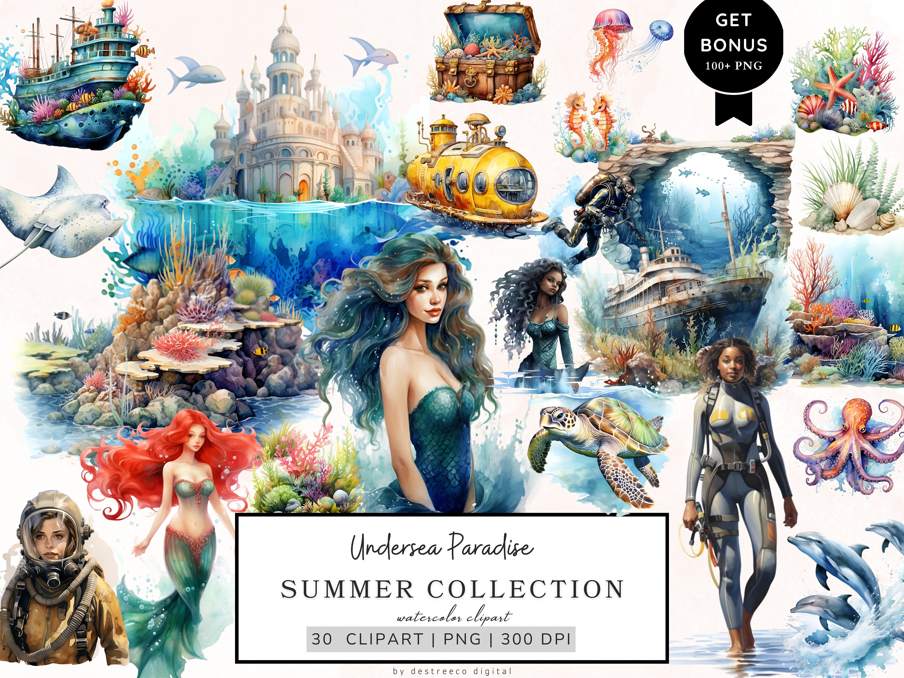Watercolor Summer Clipart, Undersea Clipart, Travel Clipart, Magical ...