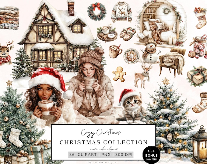 Watercolor Christmas Clipart Bundle: Woodland Santa, Cozy PNG (digital ...