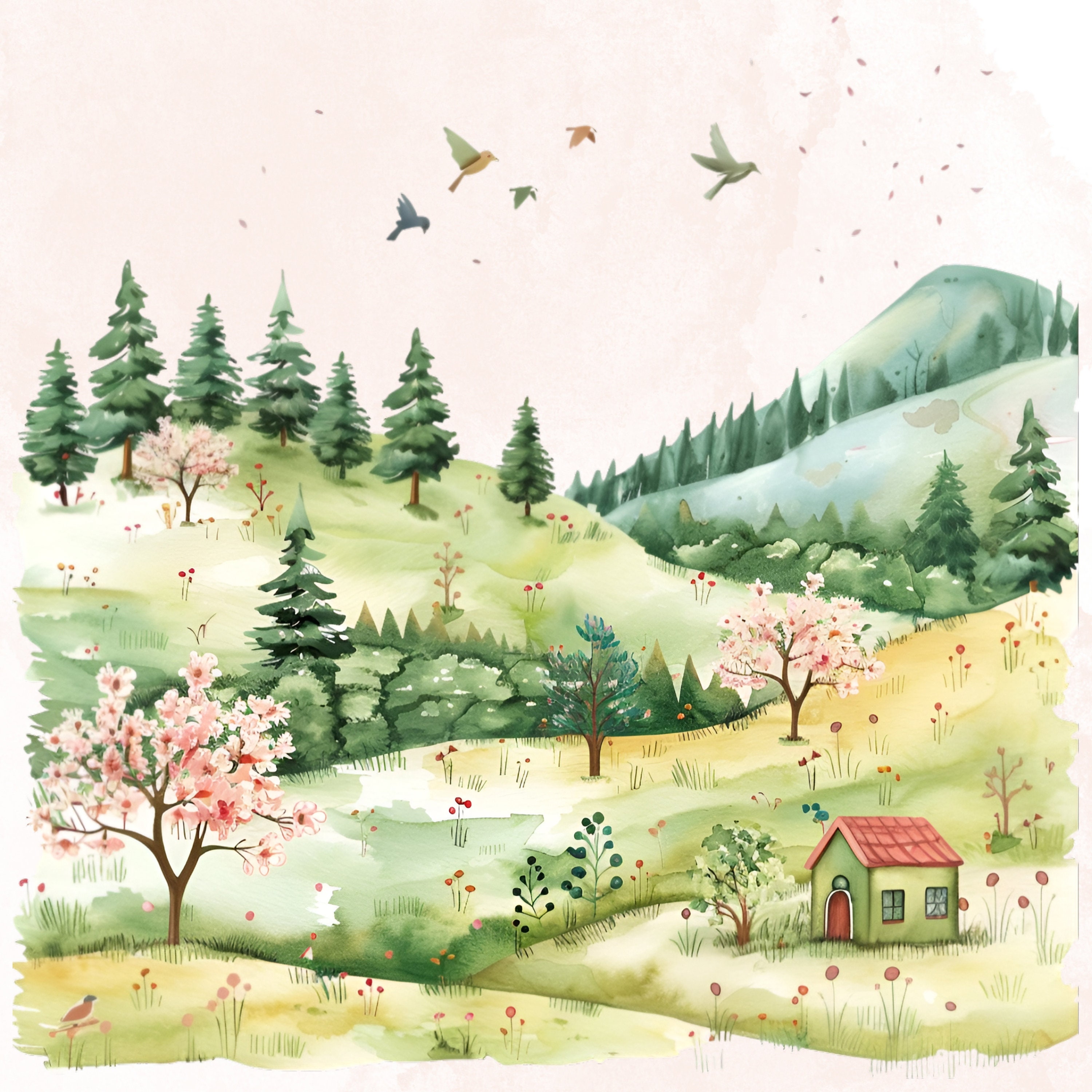 Watercolor Spring Landscape Clipart, Spring Clipart, Forest Clipart ...