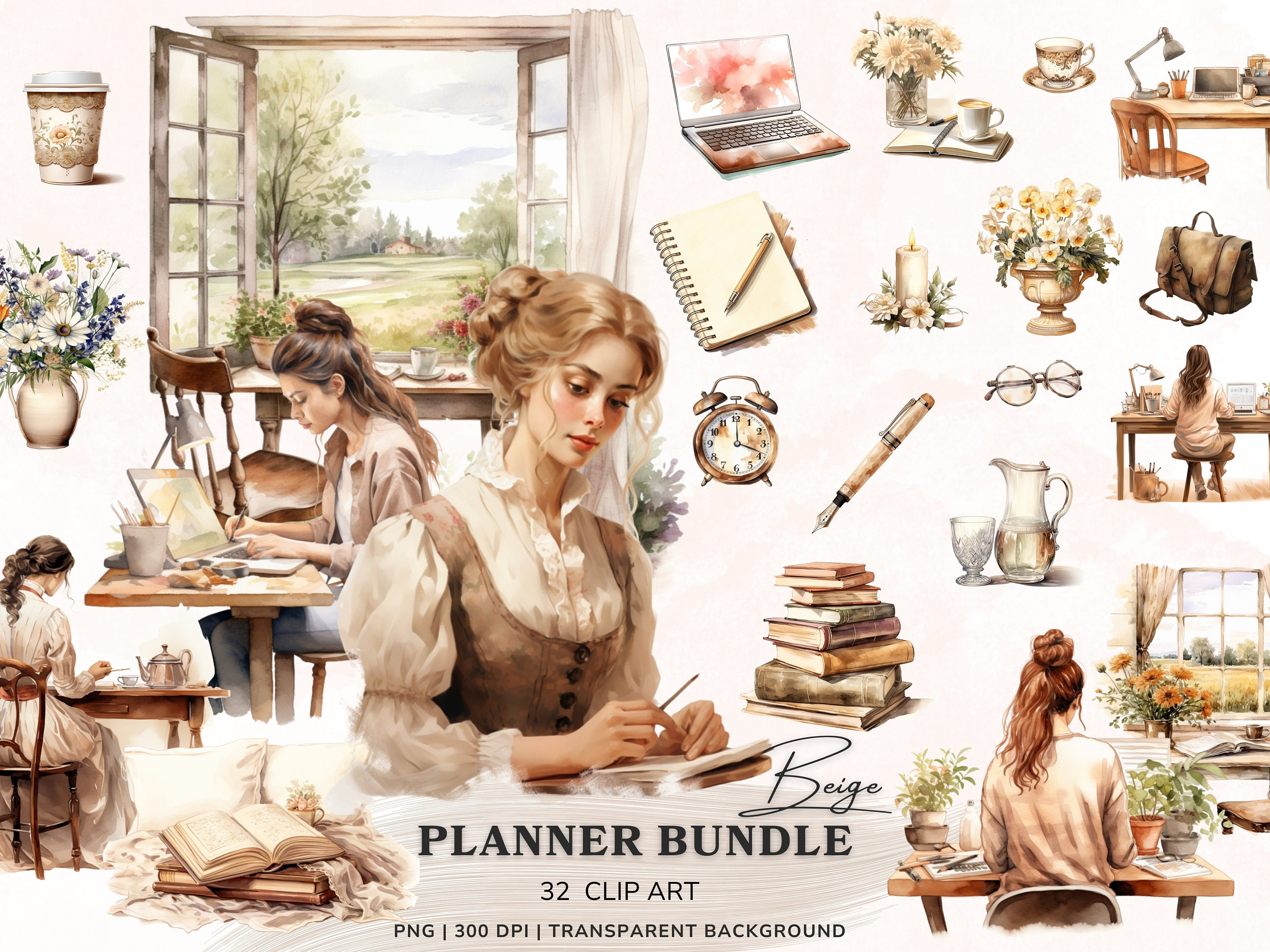 Watercolor Beige Planner Girl Clipart, Planning Clipart, Journal ...