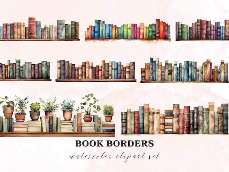 Rows of Books Clipart, Vintage Book Borders Clipart Bundle, Library ...