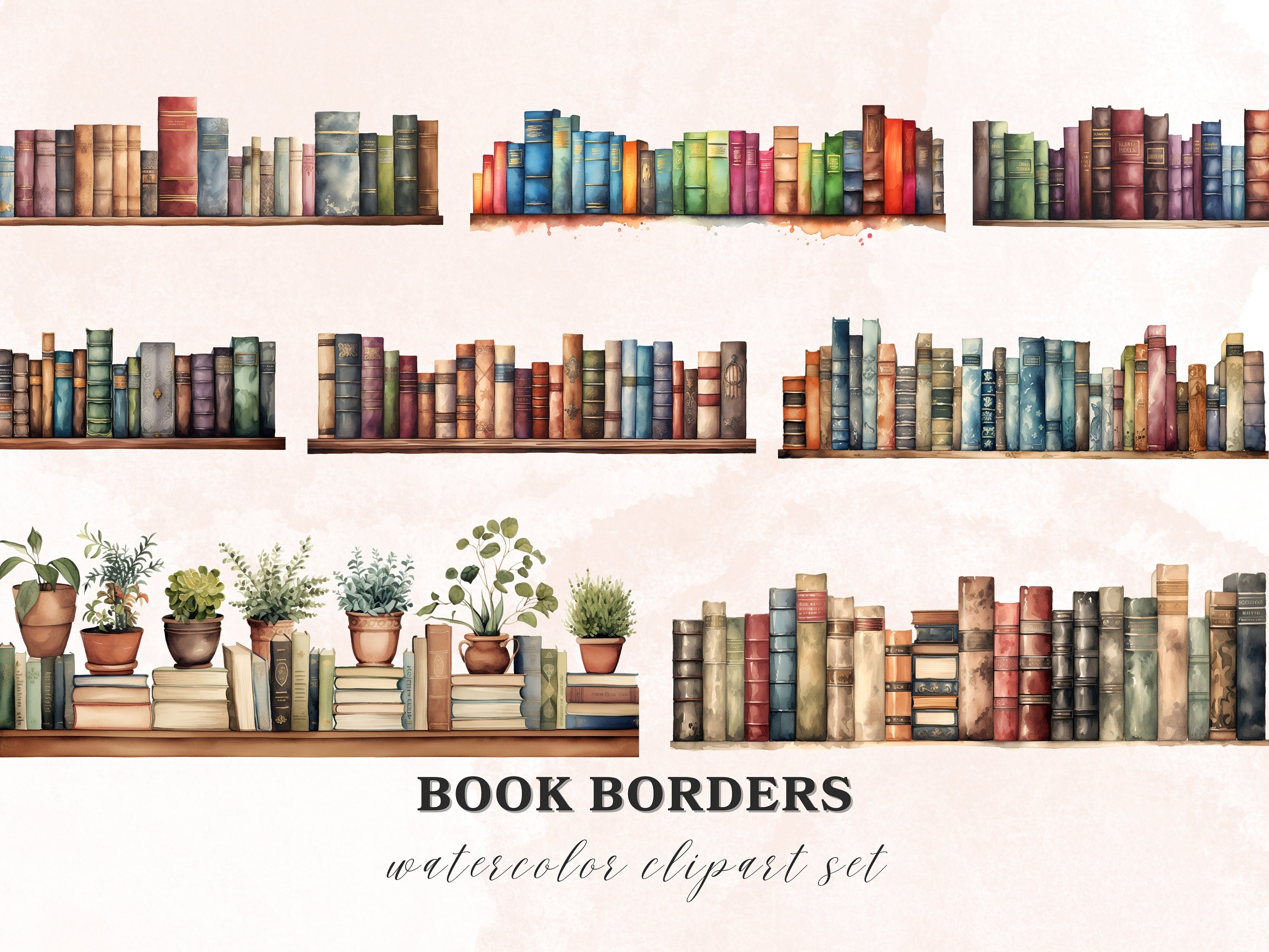 Rows of Books Clipart, Vintage Book Borders Clipart Bundle, Library ...