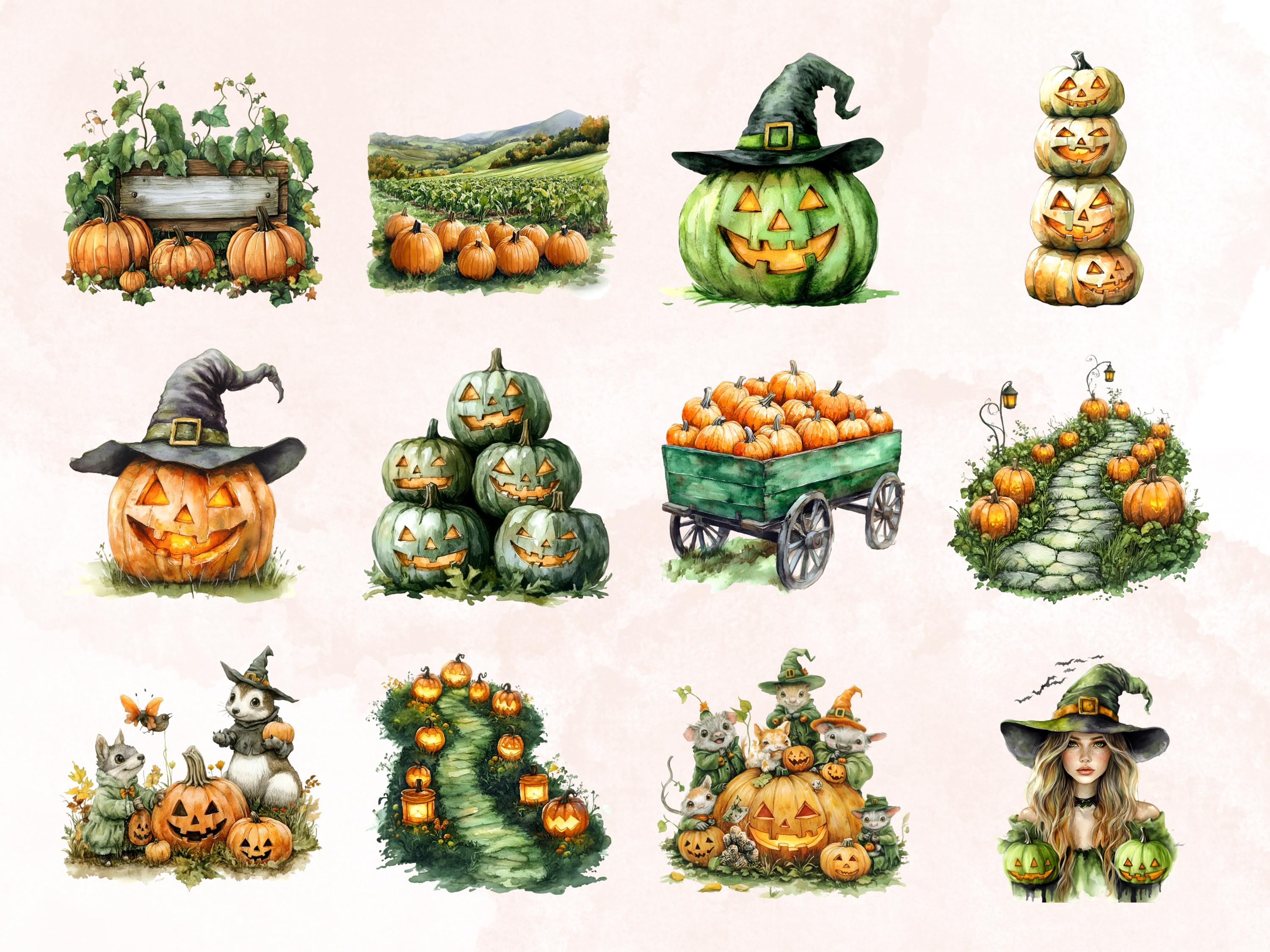 Watercolor Halloween Clipart, Pumpkin Patch Png Bundle, Cute Fall ...