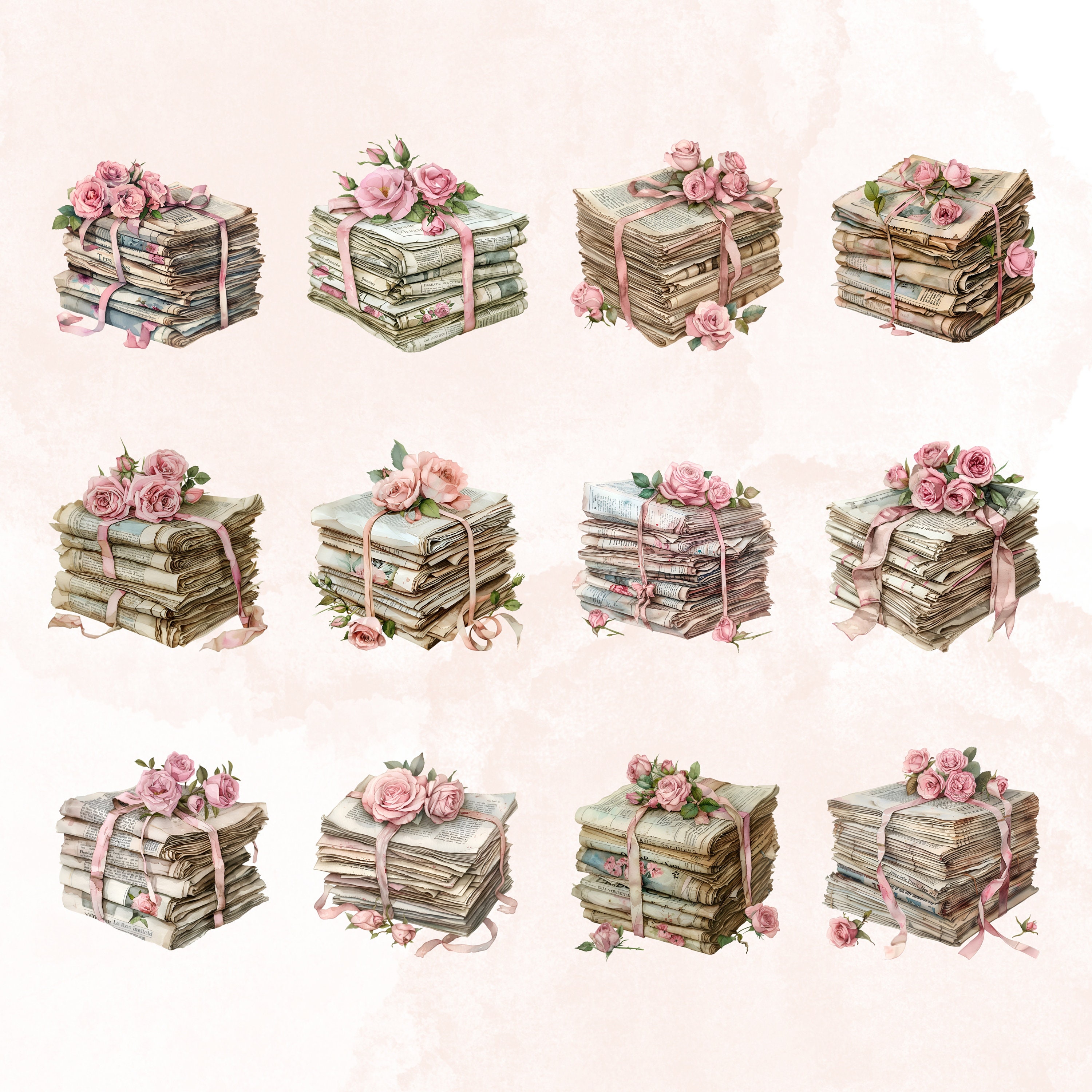 Vintage Newspaper With Pink Roses Clipart, Stacked Newspaper With Pink ...