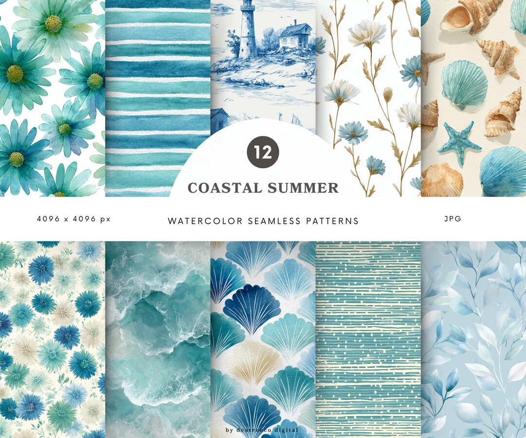 Watercolor Coastal Summer Seamless Patterns, Beach Digital Papers ...