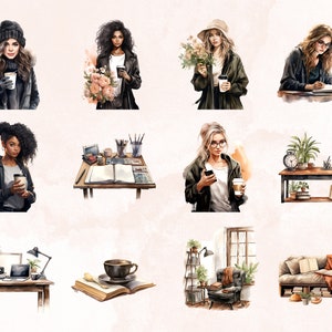 Watercolor Planner Girl Clipart, Black Planning Clipart Bundle, Coffee ...