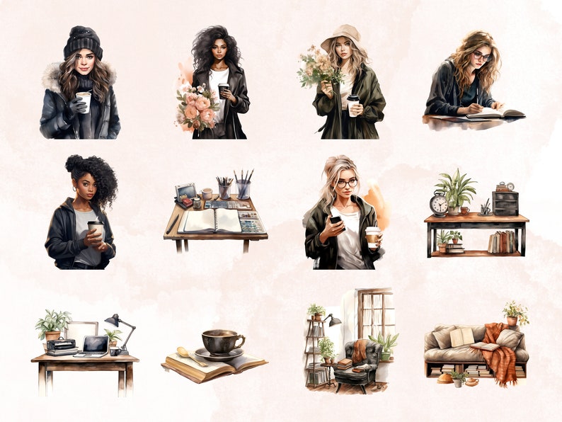 Watercolor Planner Girl Clipart, Black Planning Clipart Bundle, Coffee ...