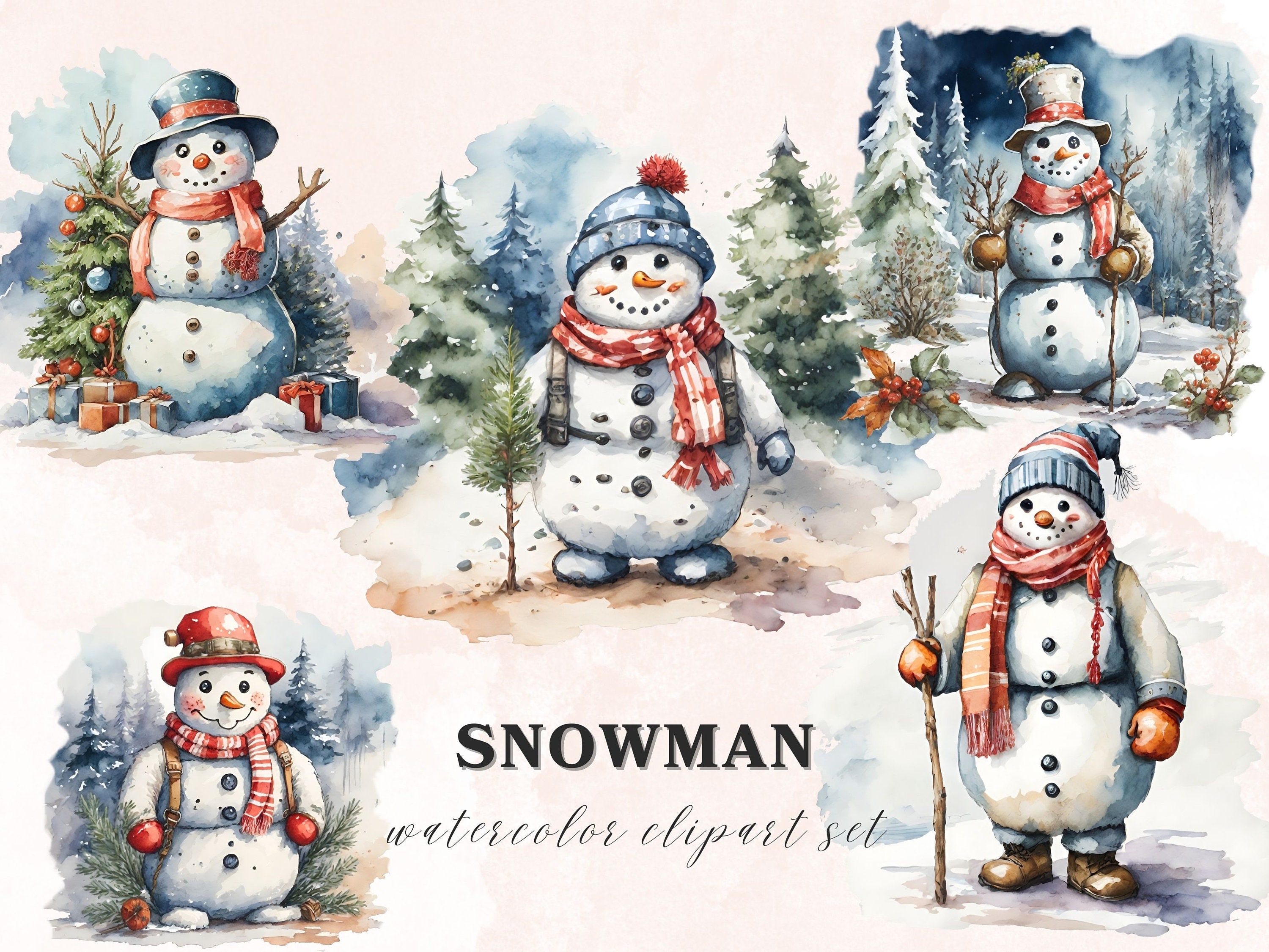 Watercolor Clipart Snowman PNG, 16 Png Winter Holidays, Printable ...