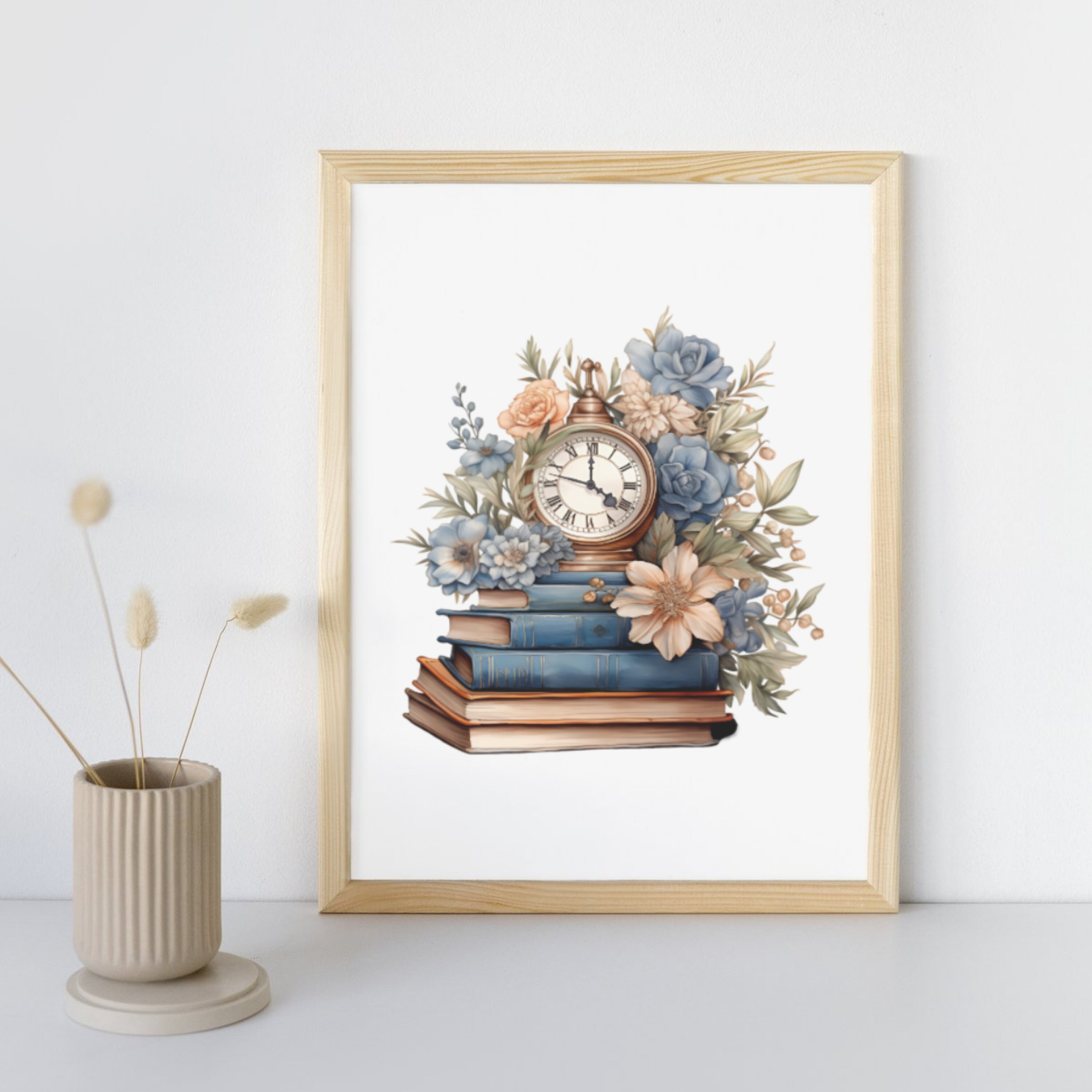 Stacked Books Clipart With Clocks and Flowers, Vintage Books Clipart ...