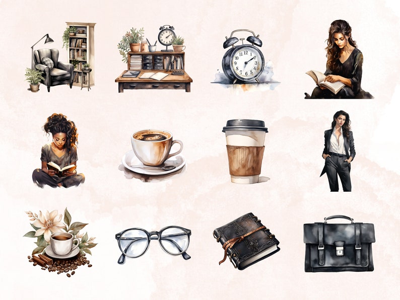Watercolor Planner Girl Clipart, Black Planning Clipart Bundle, Coffee ...