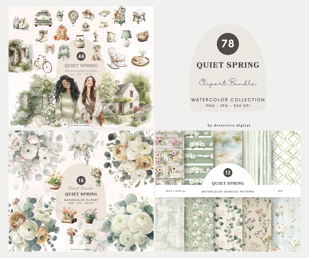 Watercolor Quiet Spring Clipart Collection, Rustic Cottagecore ...