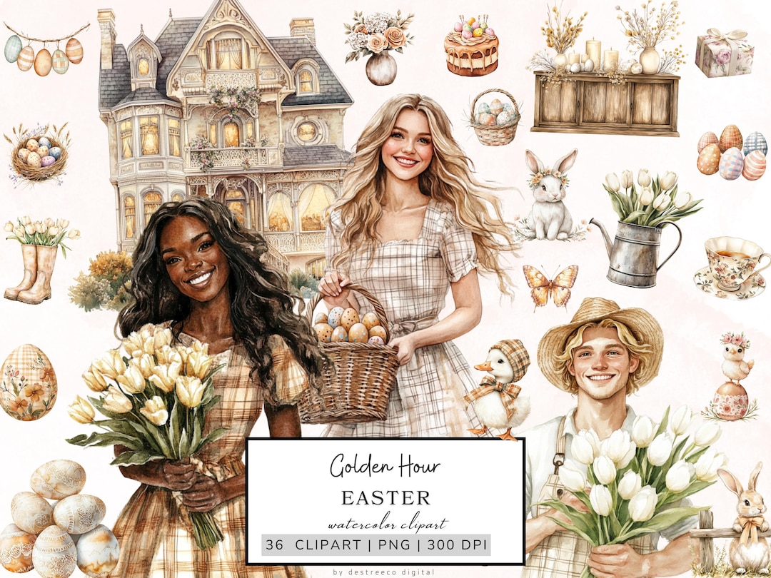 Watercolor Easter Clipart, Golden Hour Easter Graphics, Cozy Spring ...