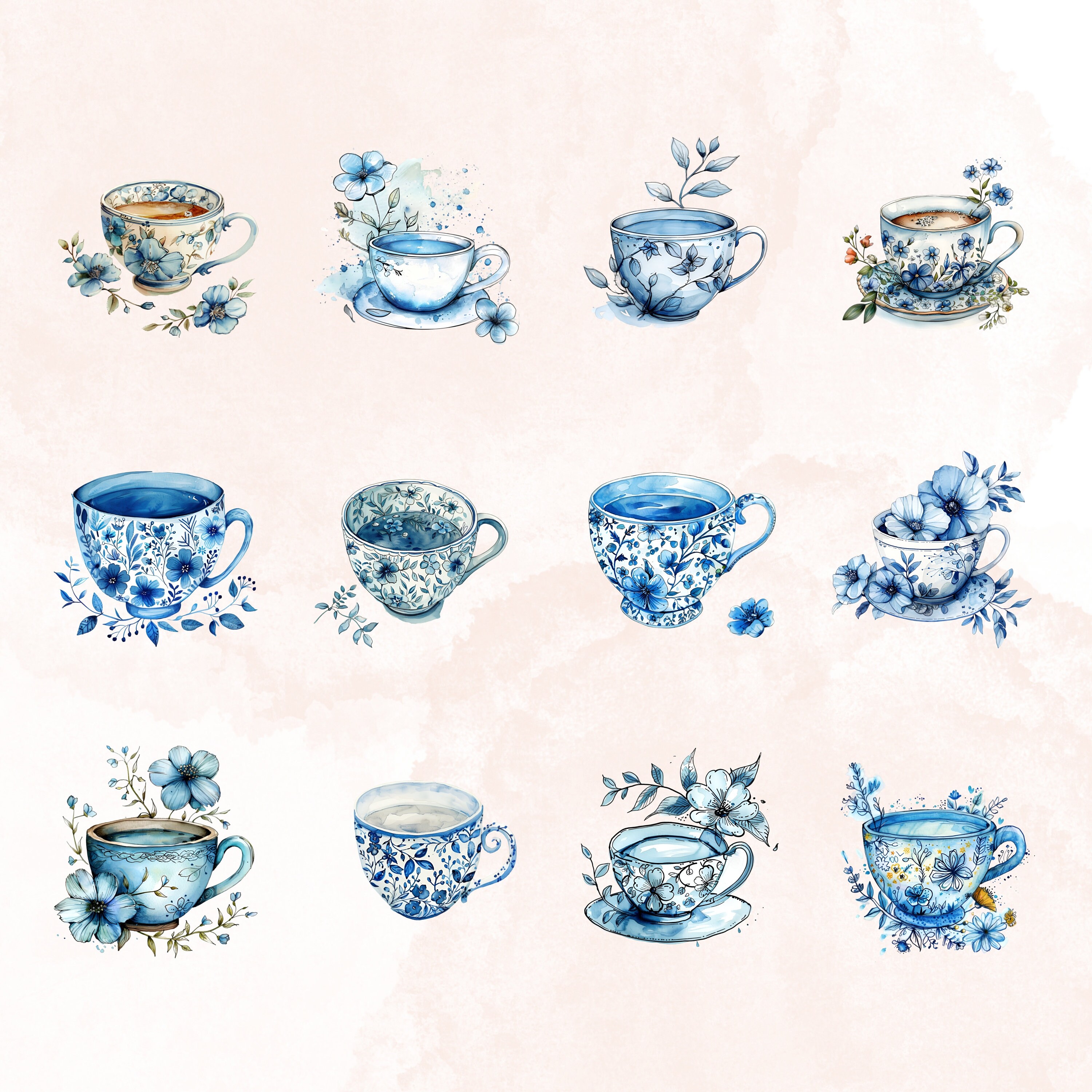 Floral Tea Cup Clipart, Coffee Cup Clipart Bundle, Printable Watercolor ...