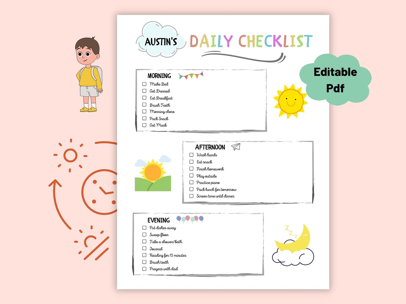 Daily Routine Kids Daily Checklist Printable Editable Kids to Do List ...