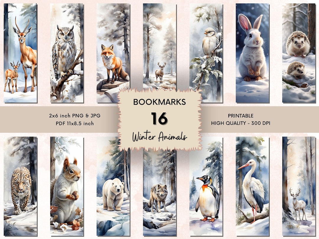 16 Winter Animals Printable Bookmarks, Watercolor Bookmark Sheets, PNG ...