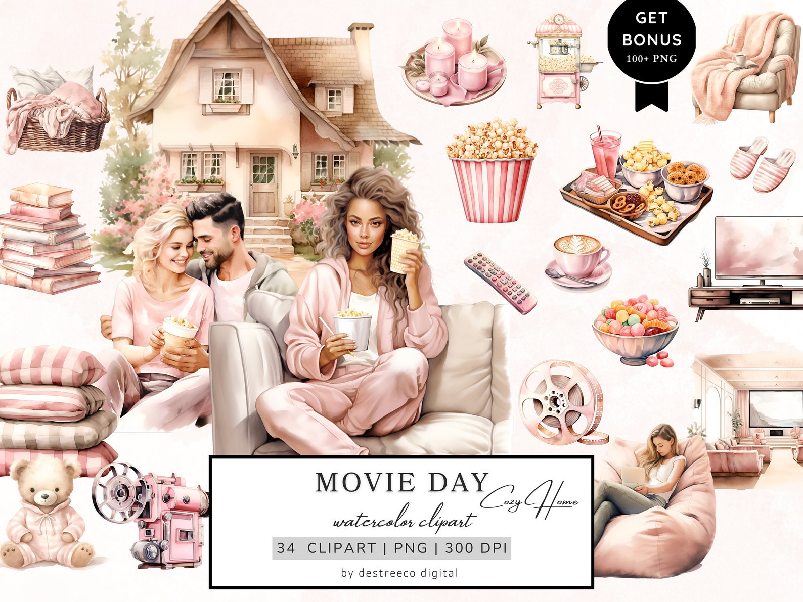 Watercolor Movie Day Clipart, Cinema Clipart, Movie Clipart ...