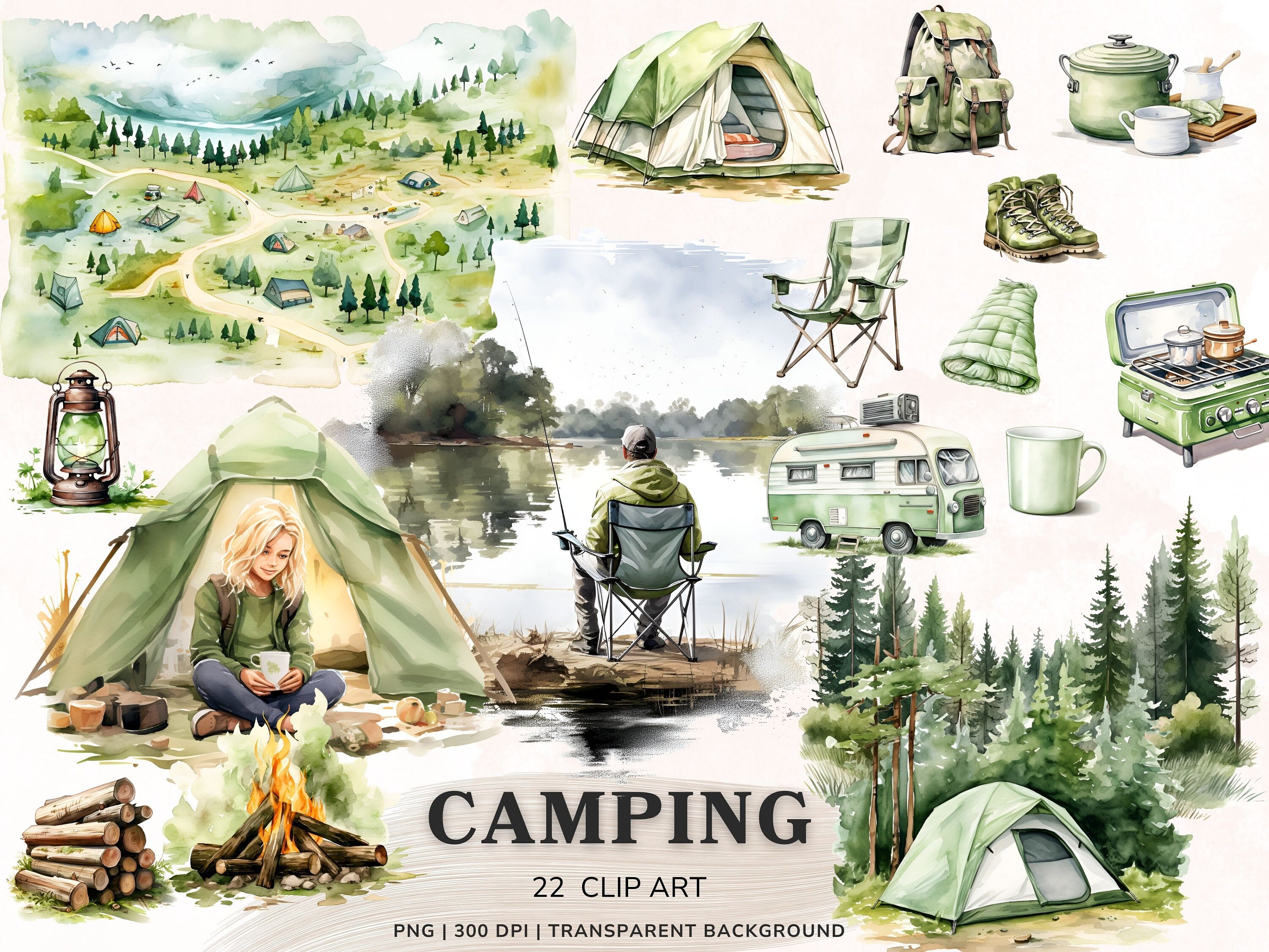 Watercolor Camping Clipart Bundle, Campfire Png Camping, Tent, Lantern ...