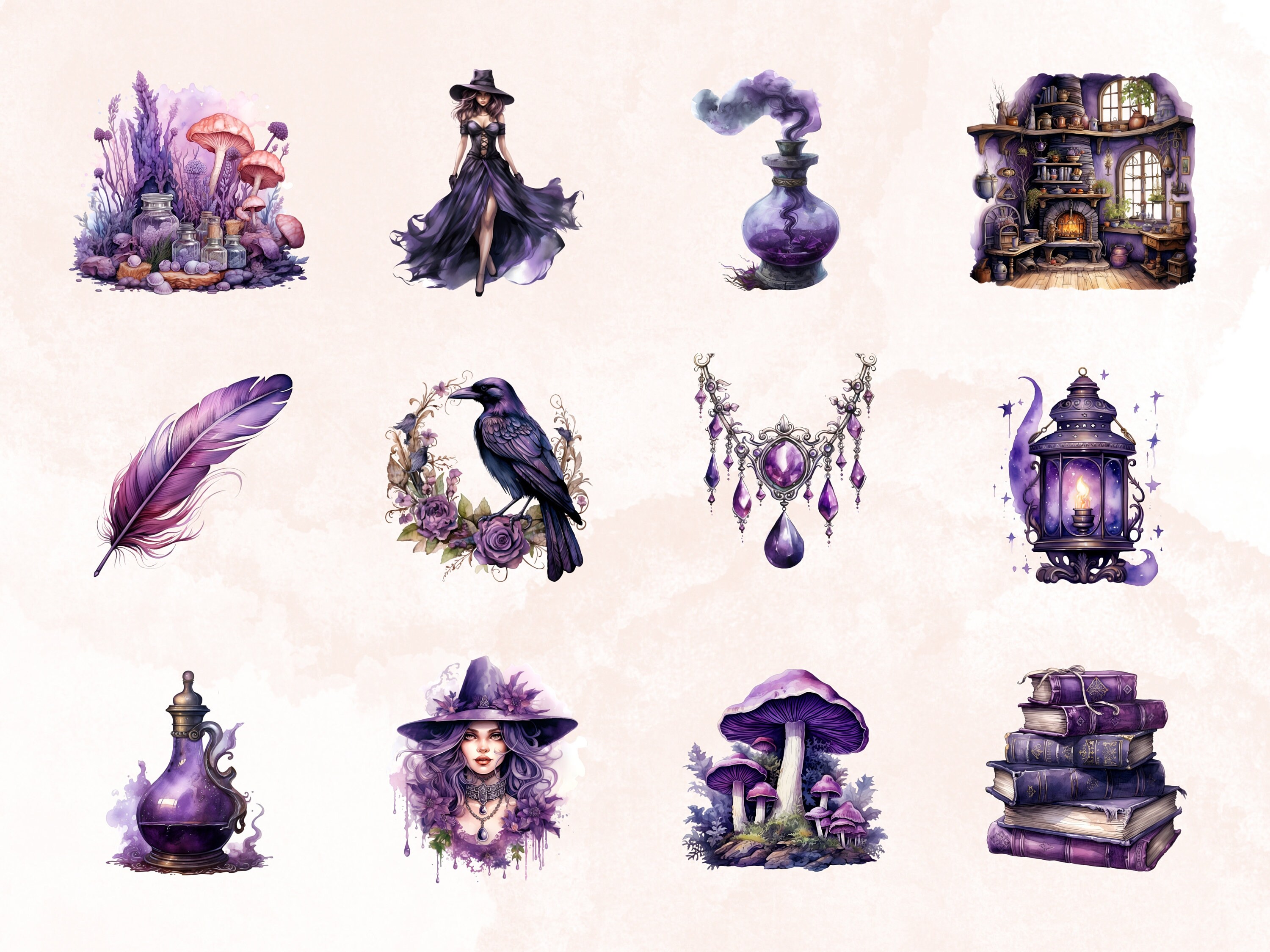 Watercolor Wild Forest Witch Clipart, Magic Witch PNG Clipart Bundle ...
