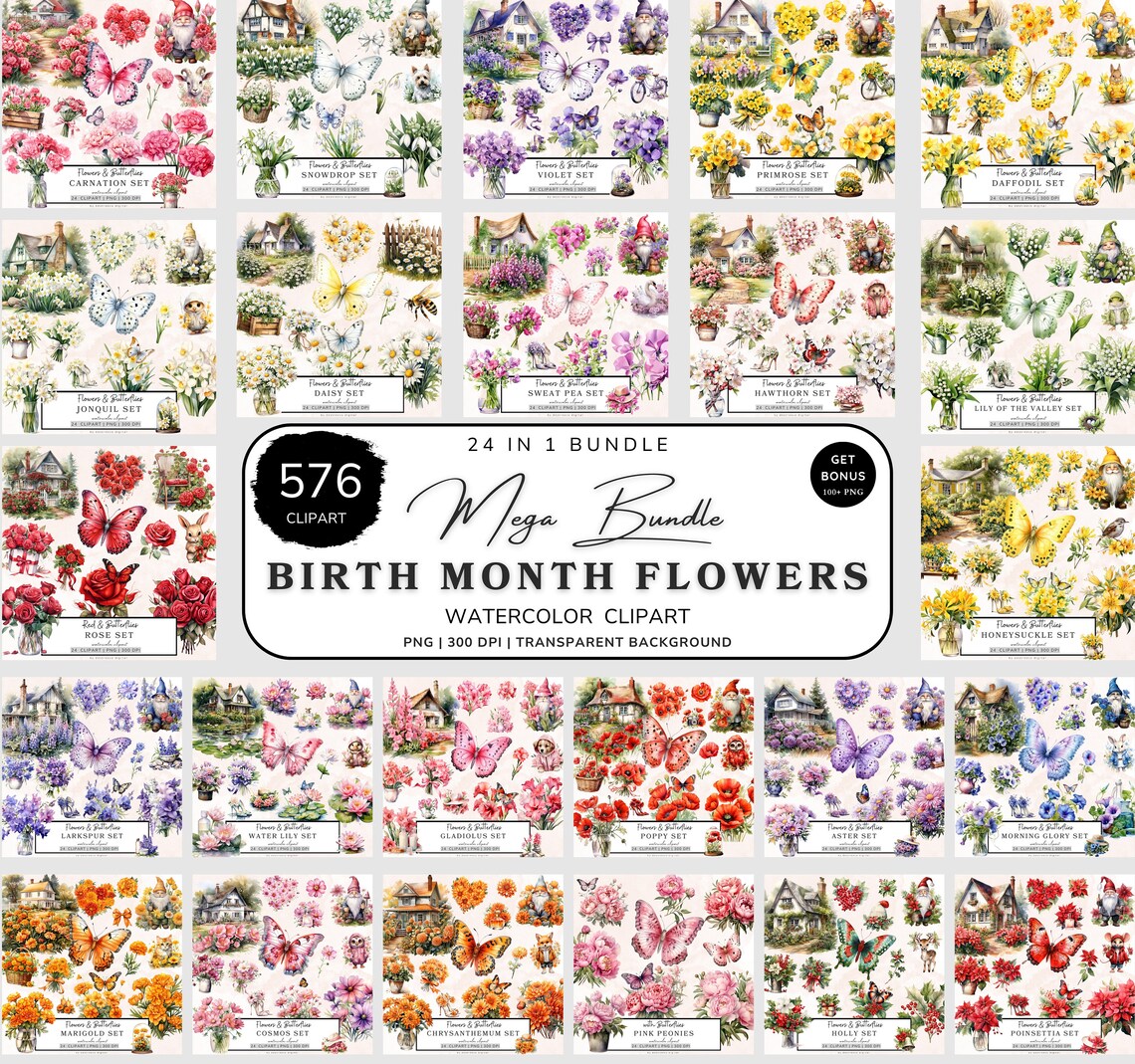 Birth Month Flower Clipart Bundle, Birth Flowers Kit, Birth Flower PNG ...
