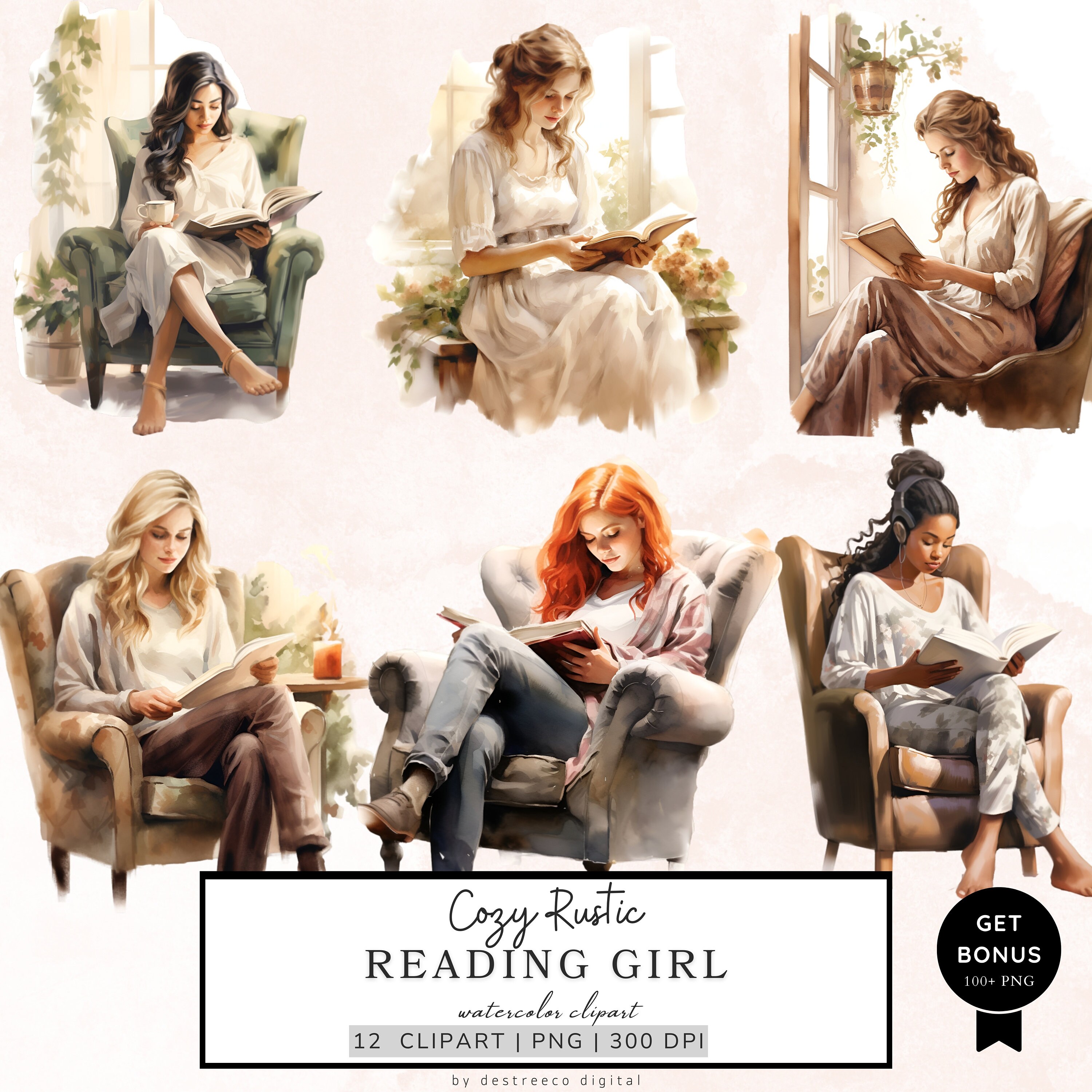 Reading Girl Clipart, Bookworm Clipart, Cozy Aesthetic Png, Rustic ...