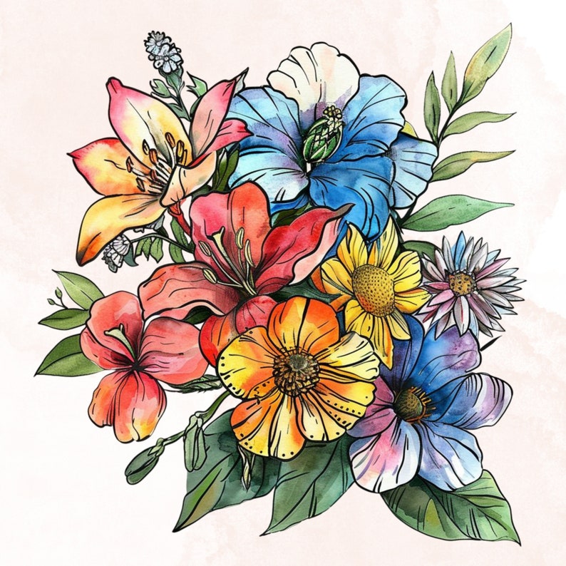 Colorful Flowers Bouquet Clipart, Spring Flowers Clipart, Rainbow ...