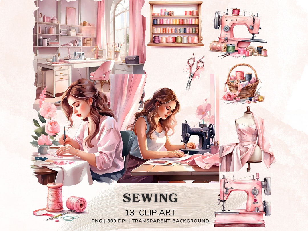 Watercolor Sewing Clipart Bundle, Sewing Supplies Png, Sewing Machine ...