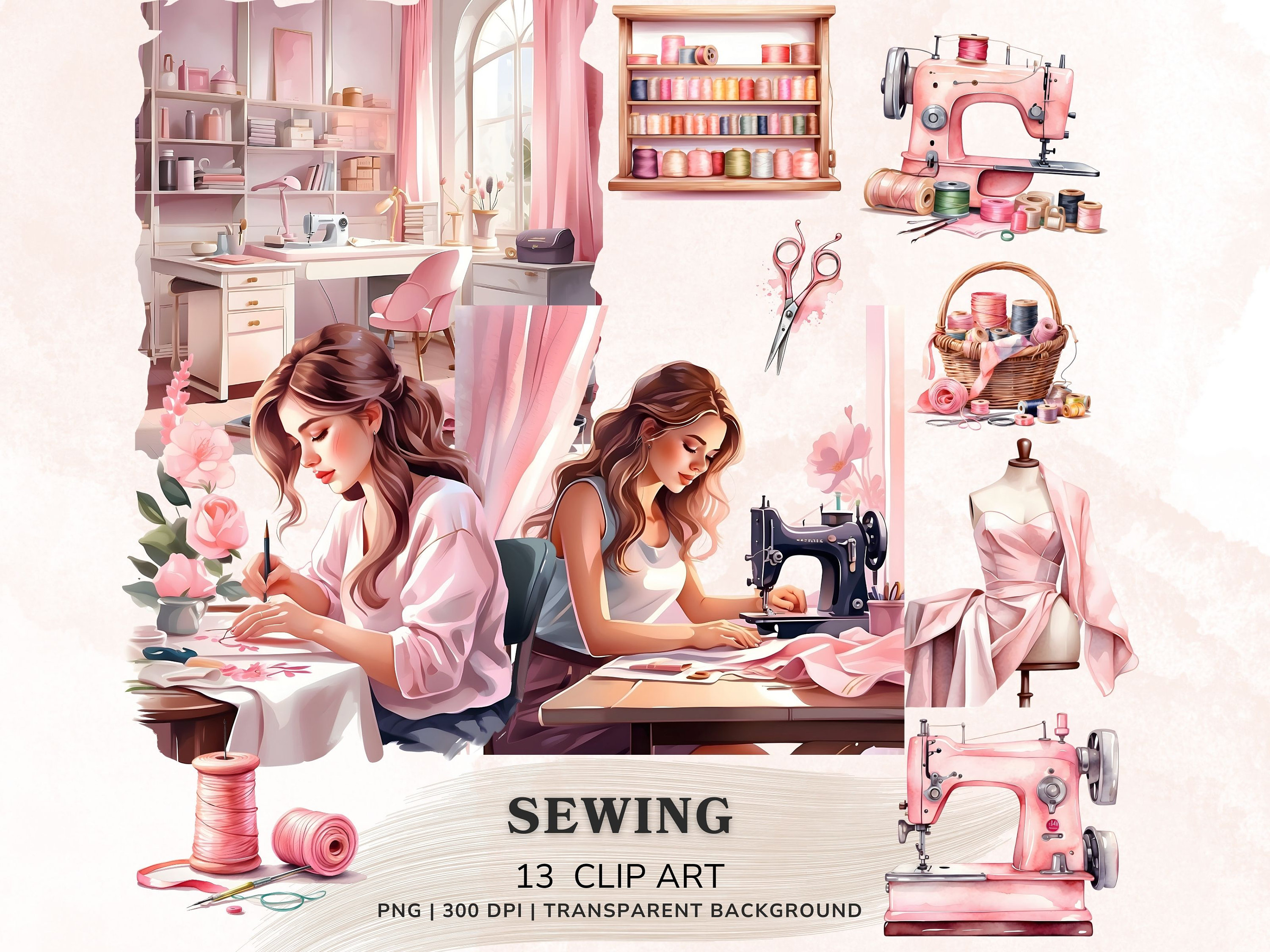 Watercolor Sewing Clipart Bundle, Sewing Supplies Png, Sewing Machine ...