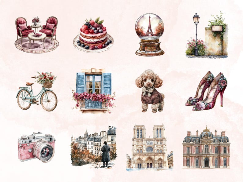 Watercolor Paris Clipart, Travel Clipart, Romantic France Clipart ...