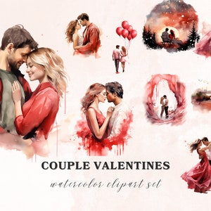 Romantic Couple Valentines Clipart Bundle, Watercolor Valentines Day ...
