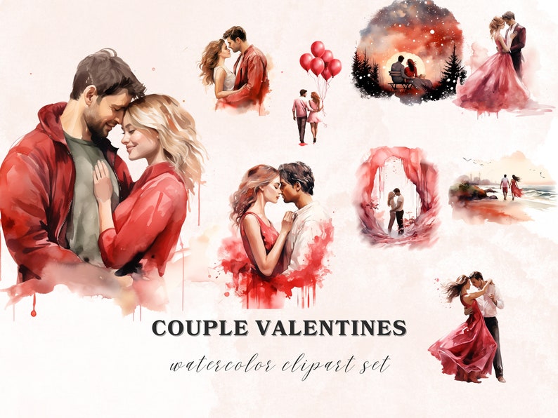 Romantic Couple Valentines Clipart Bundle, Watercolor Valentines Day ...