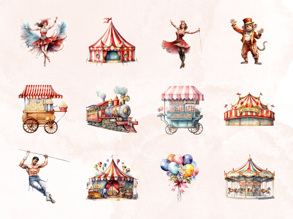 Watercolor Circus Clipart Bundle, Vintage Circus Png Graphics, Circus ...
