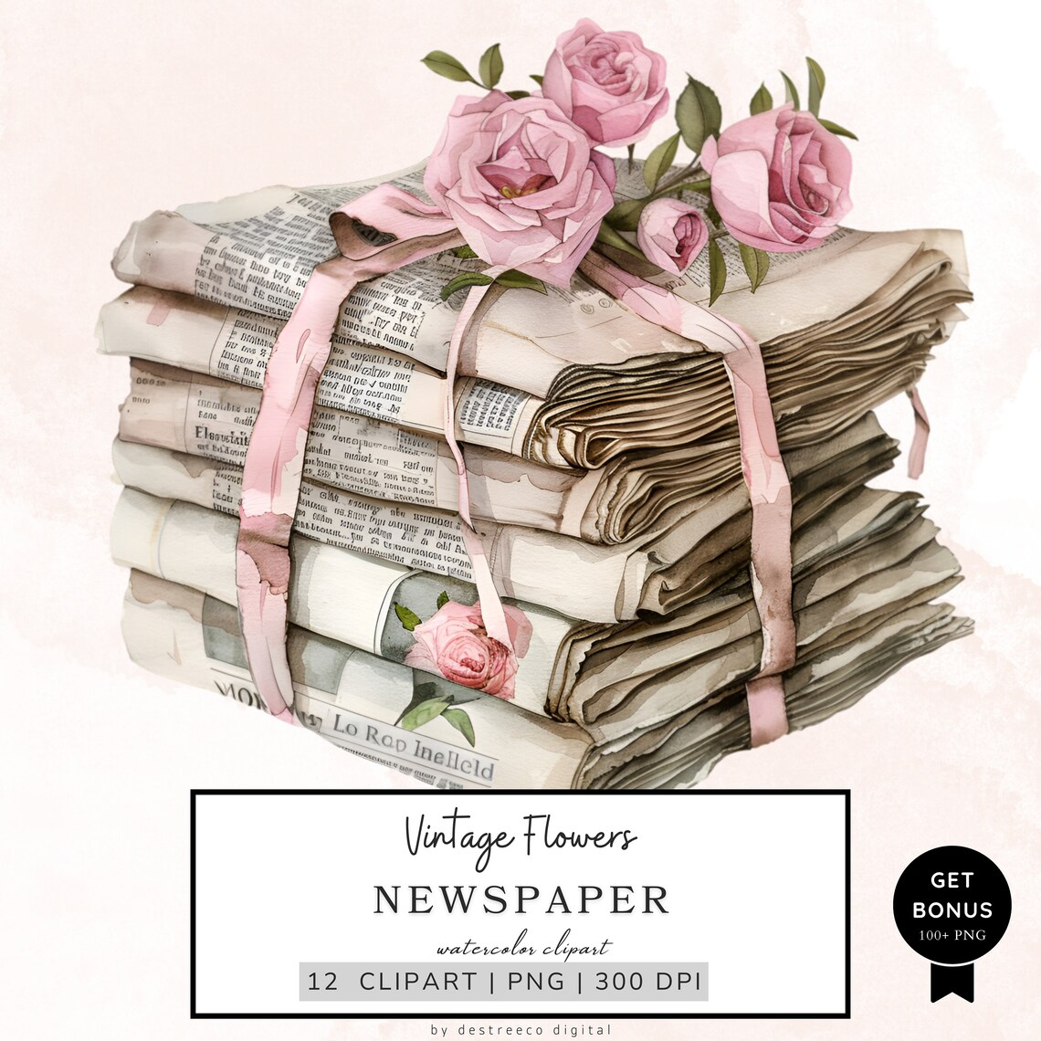 Vintage Newspaper With Pink Roses Clipart, Stacked Newspaper With Pink ...