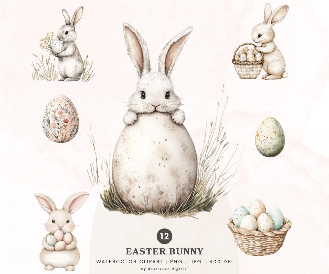 Watercolor Easter Bunny Clipart, Neutral Easter Eggs Png, Spring ...