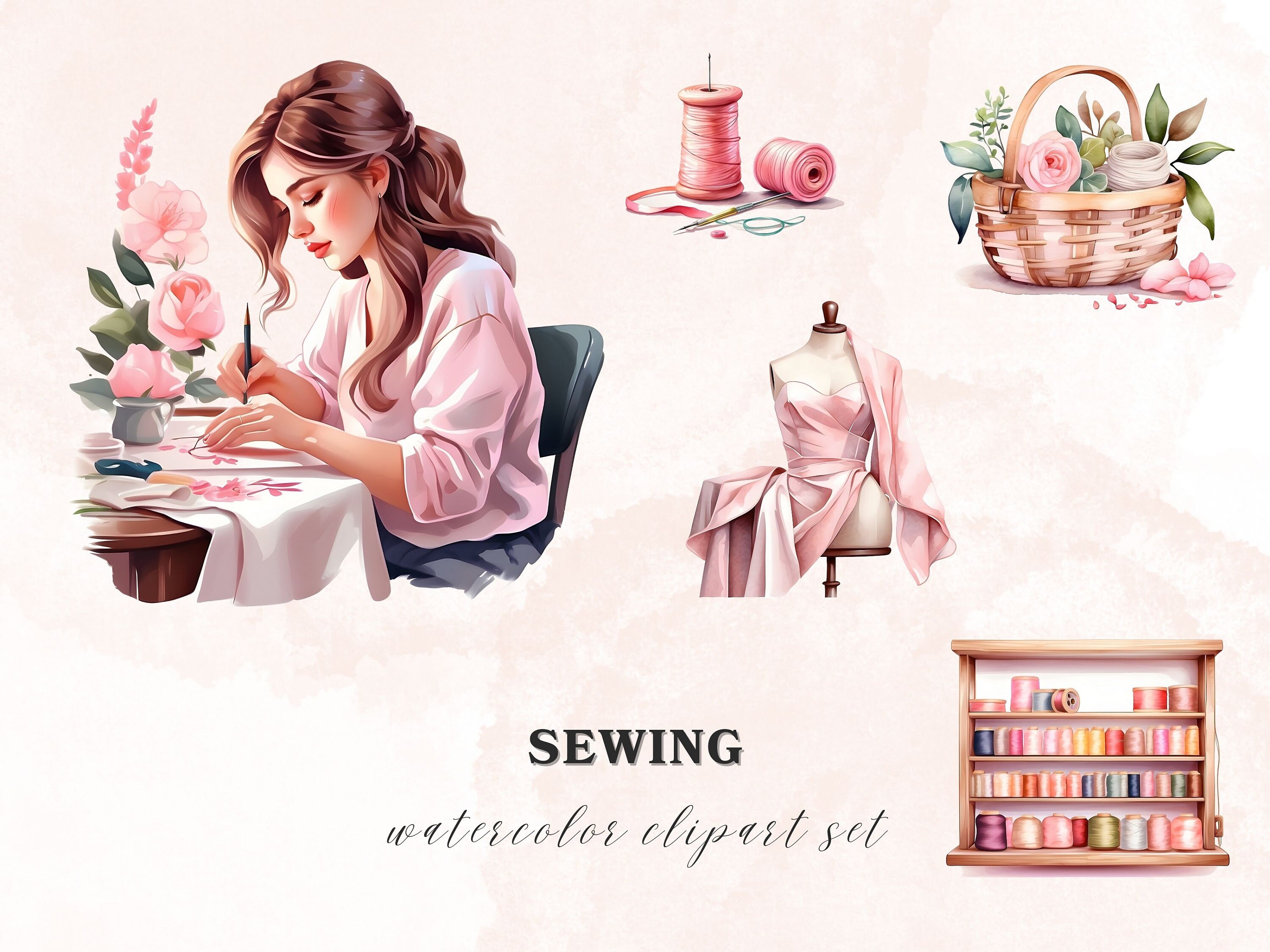 Watercolor Sewing Clipart Bundle, Sewing Supplies Png, Sewing Machine ...
