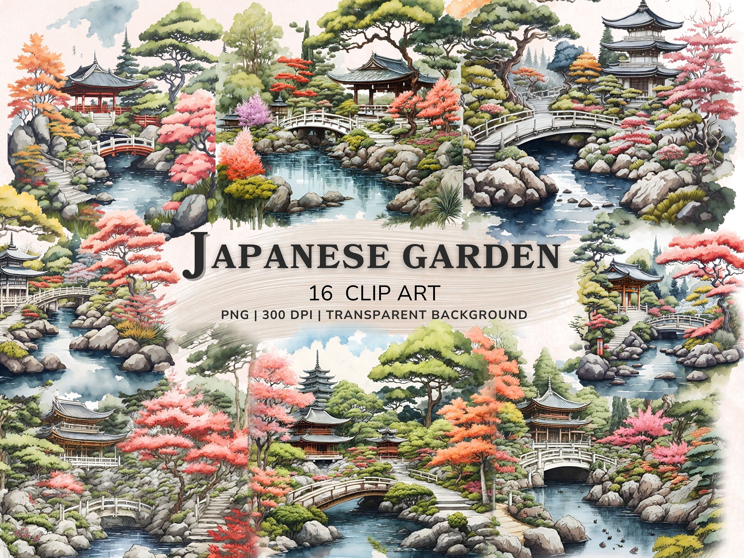 Japan Garden Clipart, Watercolor Clipart Bundle, 16 PNG Asian Landscape ...