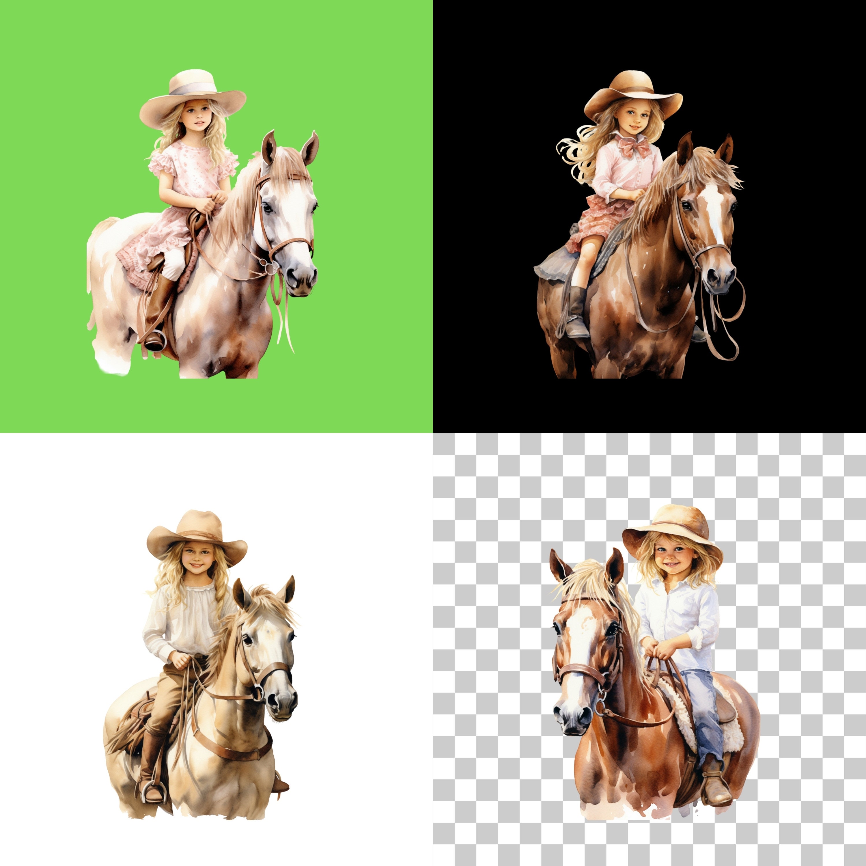 Watercolor Girl Riding Horse Clipart, Little Girl Riding Horse Png ...