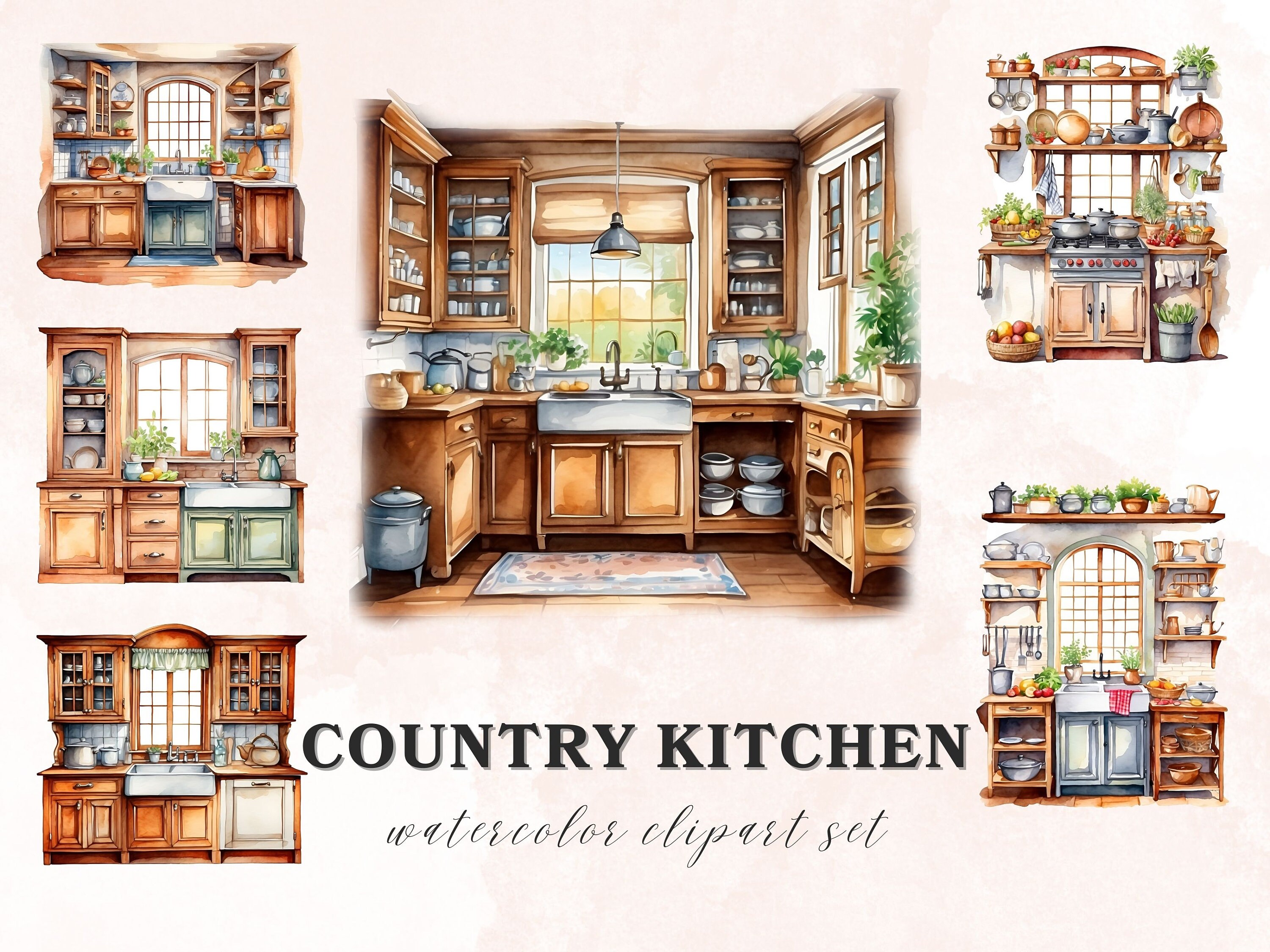 Watercolor Clipart Country Kitchen, 16 PNG Rustic Vintage Farmhouse ...